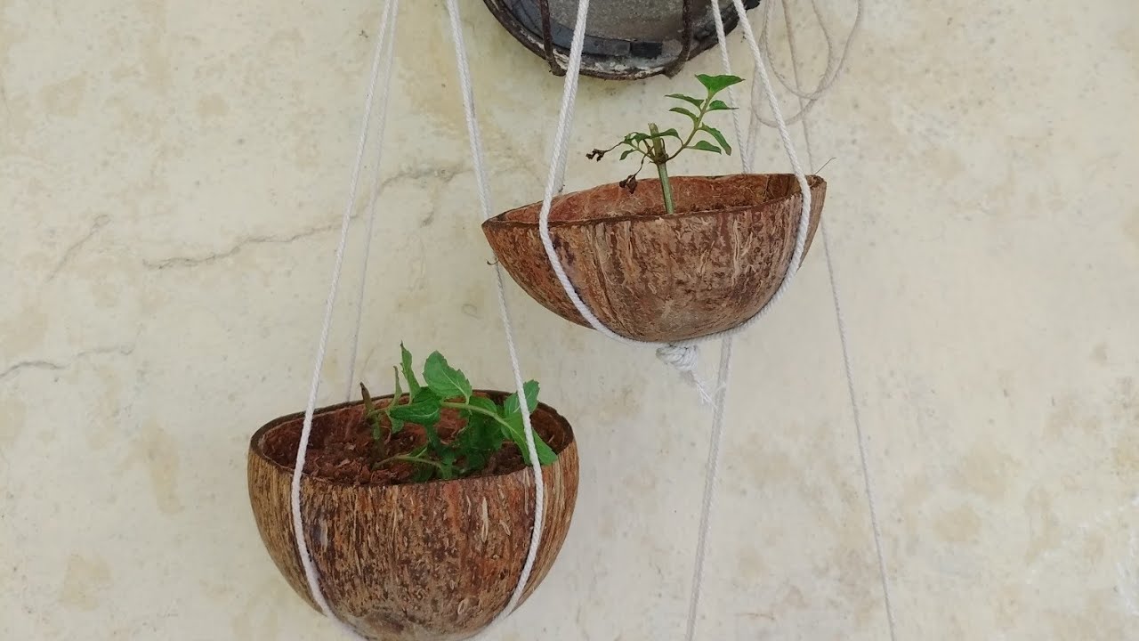 How to make coconut shell hanging pot /DIY coconut shell hanging ...