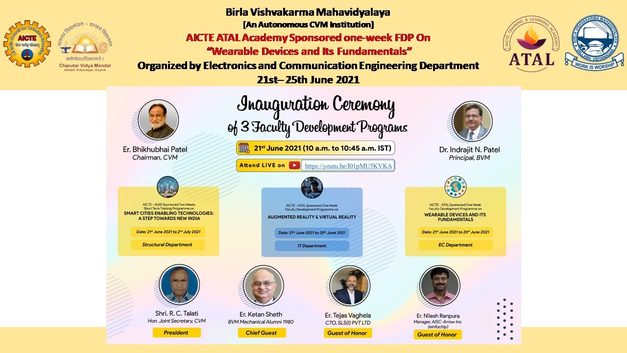 AICTE ATAL || Inauguration Function || 3 FDP || BVM EC || Wearable Devices and its fundamentals ...