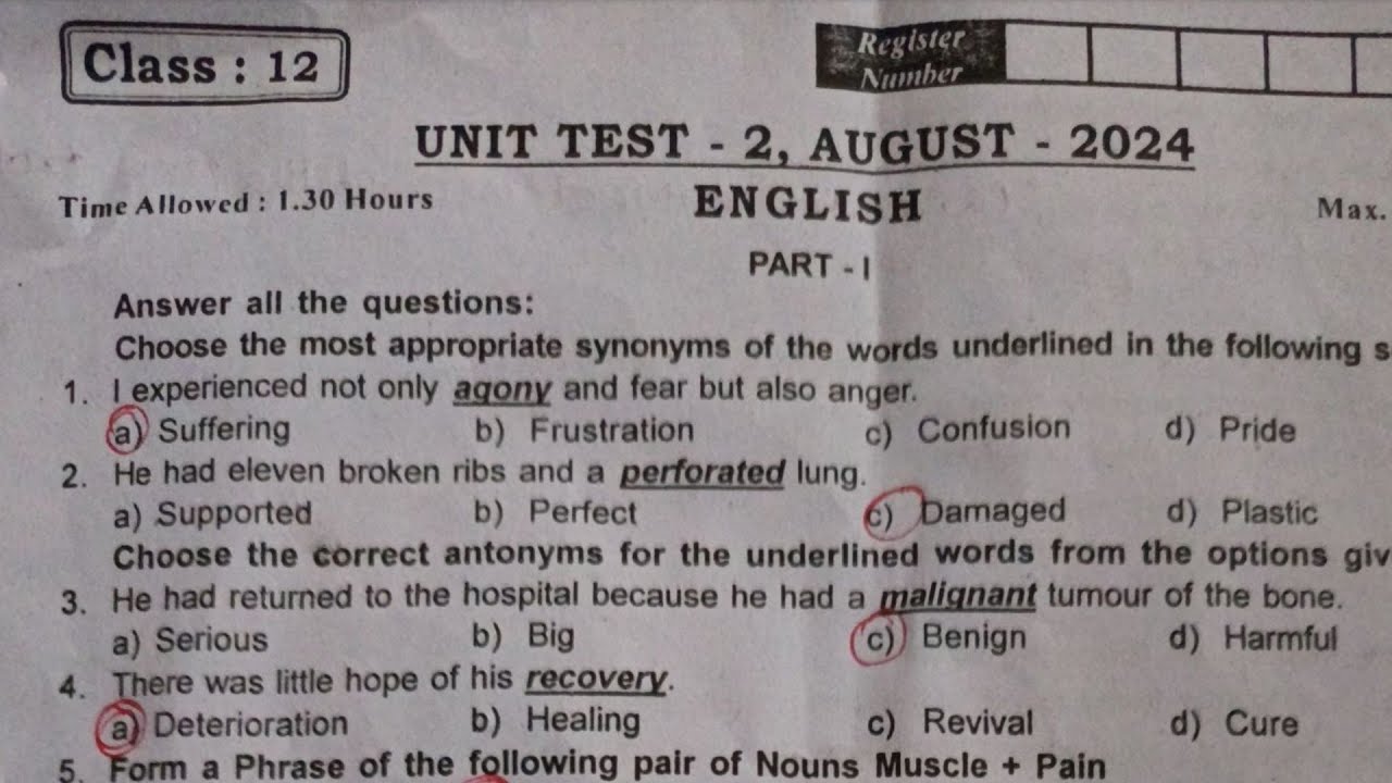 12th English unit test question paper 2024 - YouTube