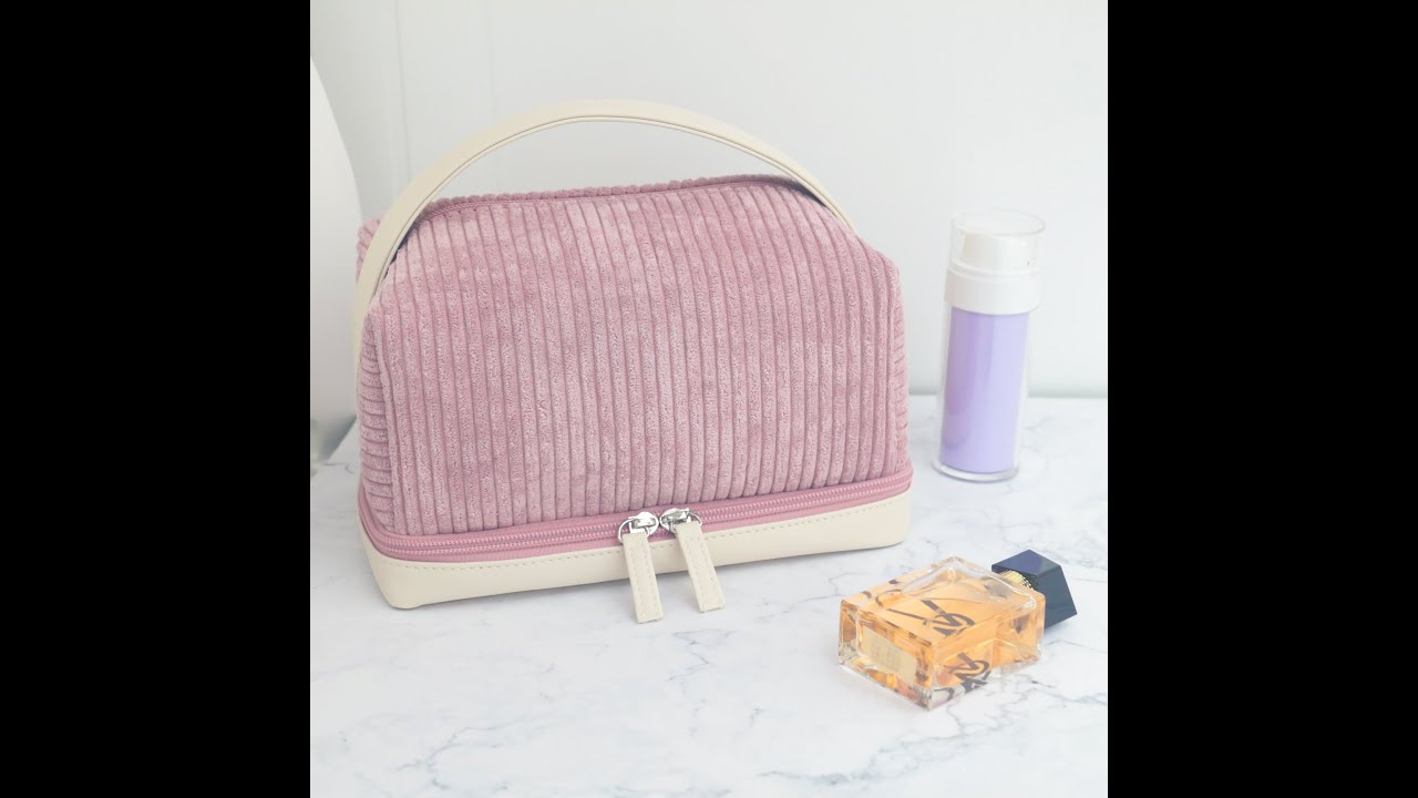 Pink striped velvet with leather handle, large capacity and easy to ...