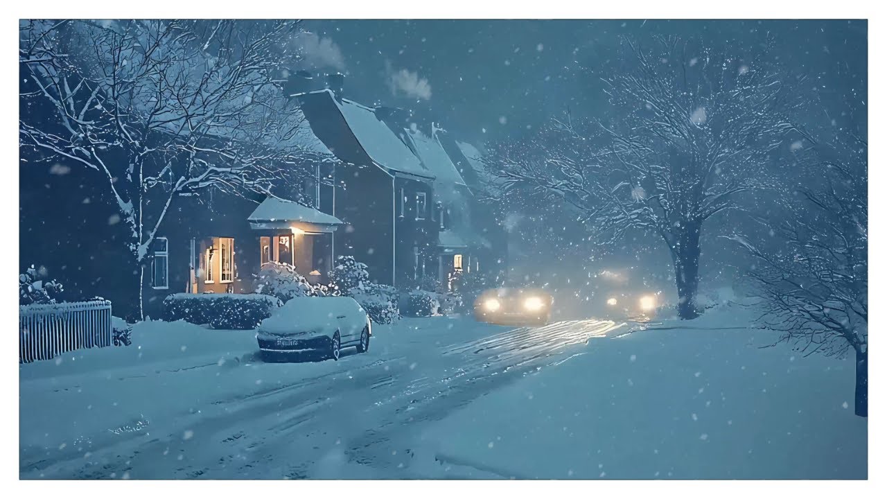 Cozy Snowfall - Quiet Night Drive & Warm Home Lights for Relaxation and ...