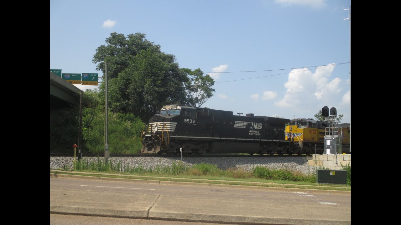 NS 9538, UP 8723, and UP 7779 pull NS 23N through Huntsville, AL - YouTube