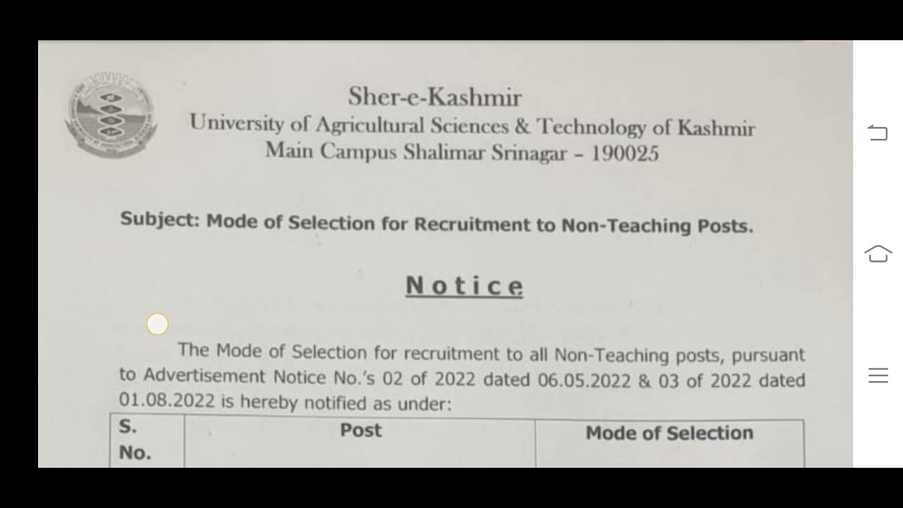 SKUAST KASHMIR || SELECTION PROCEDURE FOR NON-TEACHING POSTS - YouTube