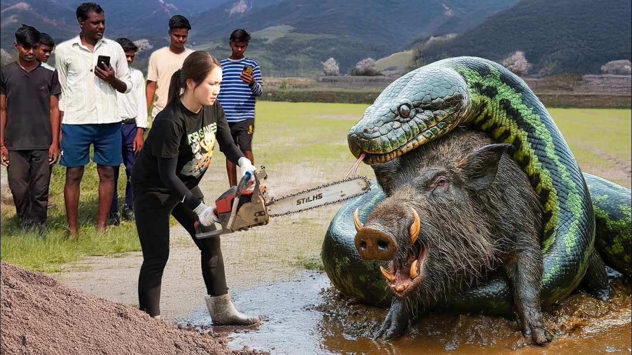Female hunter rescues wild boar from 150-pound anaconda monster | big python run away. Lý Thị ...