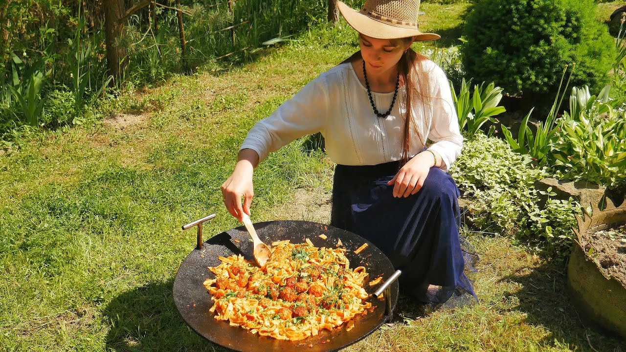 Homemade Spaghetti with Meatballs on Fire | Outdoor Cooking - YouTube