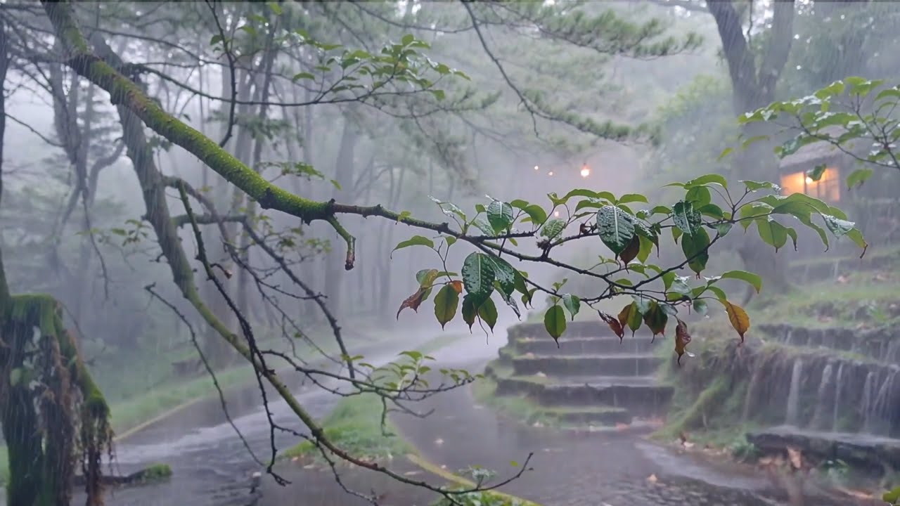 The soothing windy rain on forest foliage Foggy - Rain Sounds For ...