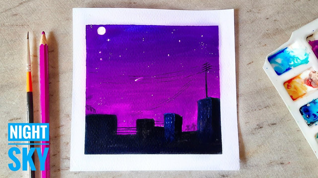 Painting of Purple Night Sky — Town painting, buildings, stars, moon ...
