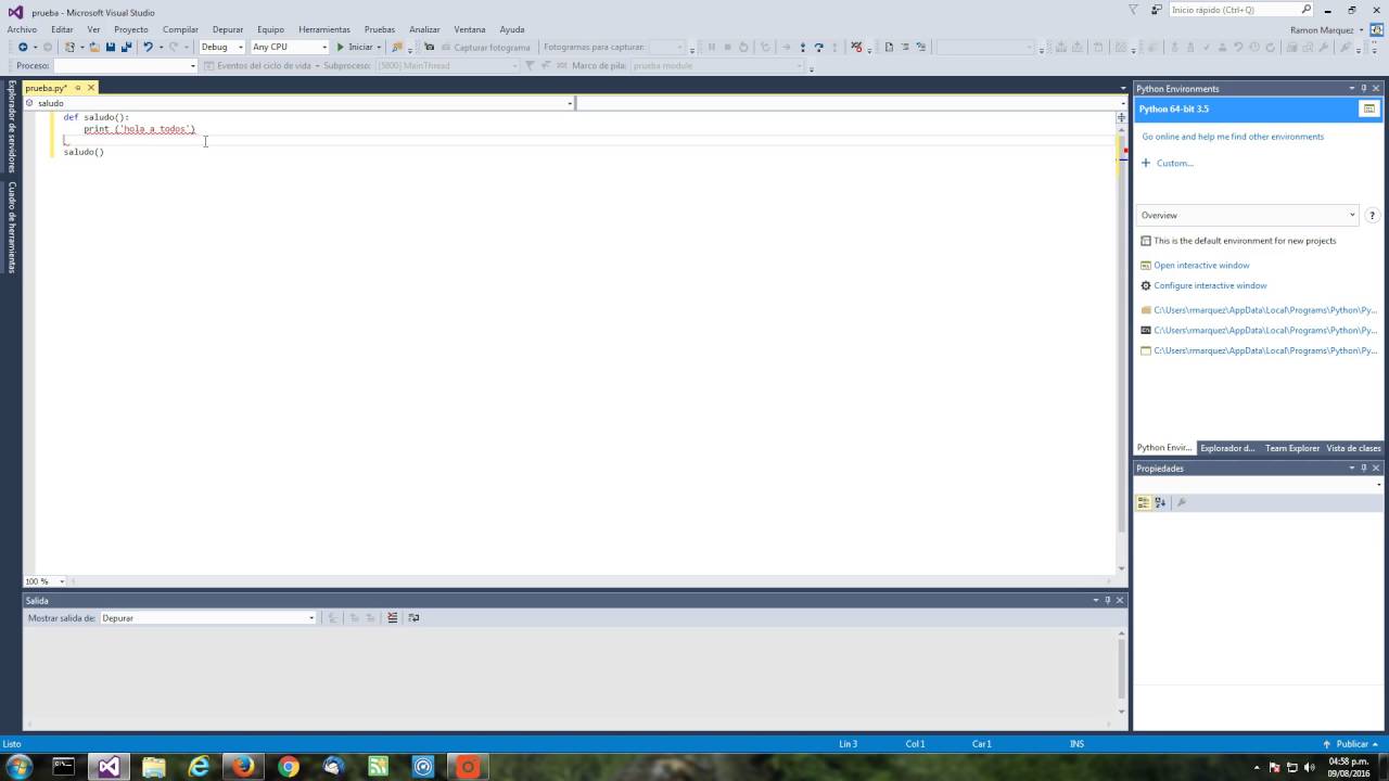 Escribiendo un saludo en Python 3 mediante Visual Studio 2015 - YouTube