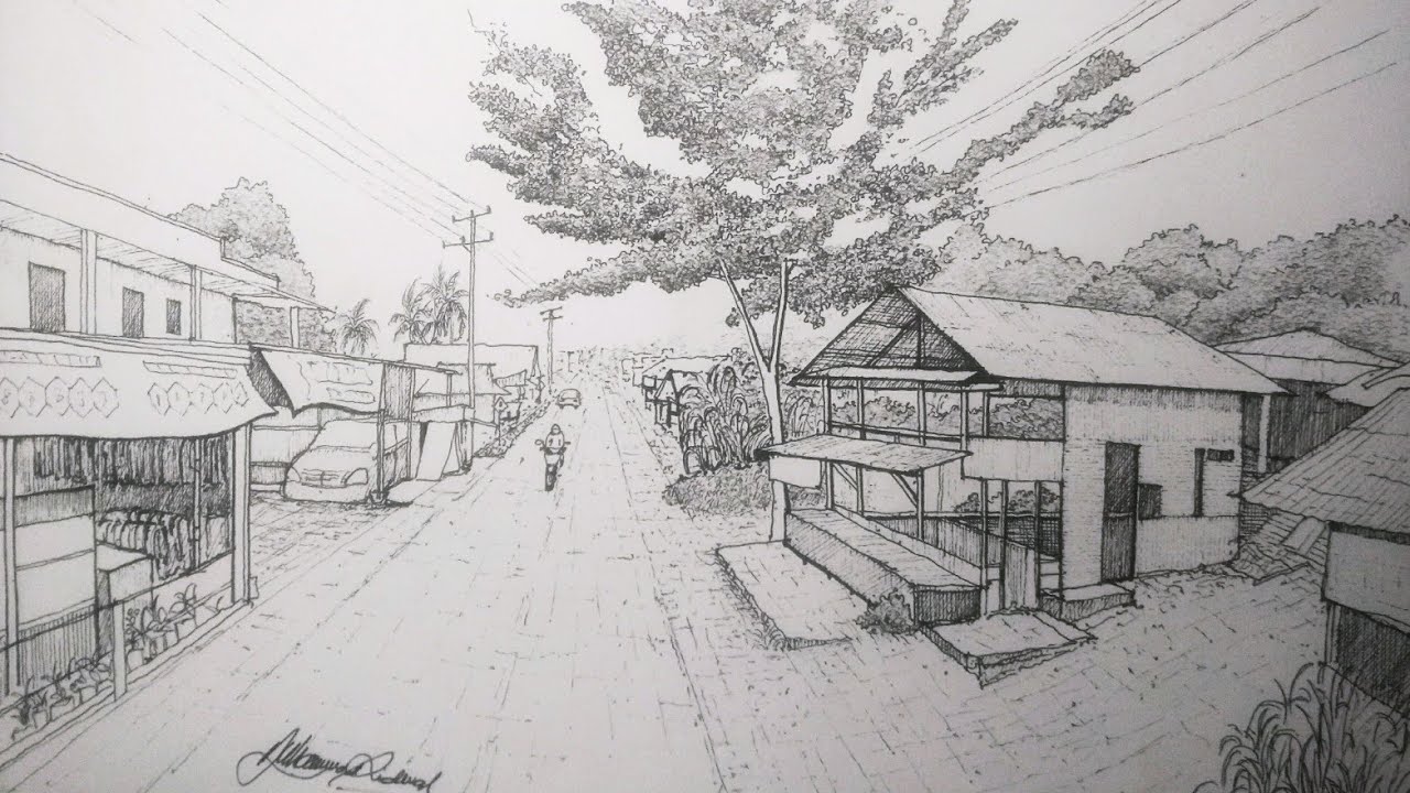 Membuat sketsa gambar langsung pakai pena | menggambar pemandangan ...