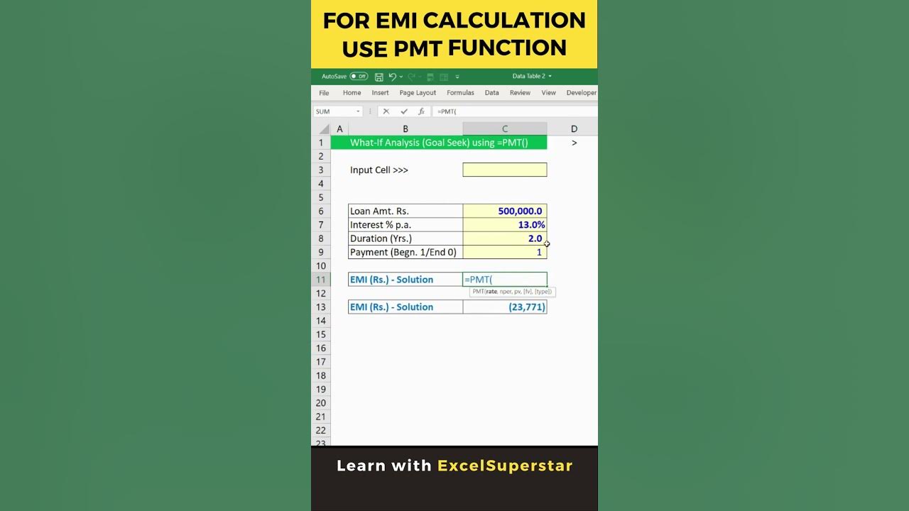 Pmt Formula For Emi Calculation In Ms Excel Pmtformula Emicalculation Loancalculator Youtube