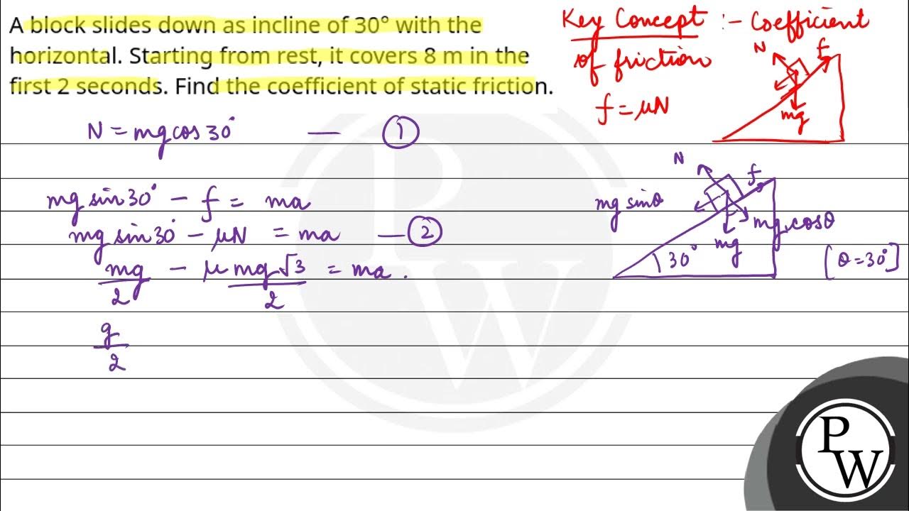 A block slides down as incline of 30° with the horizontal. Starting from rest, it covers 8 m ...