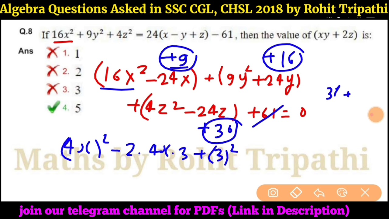 Algebra questions asked in SSC CGL,CHSL 2018 | Algebra by Rohit ...