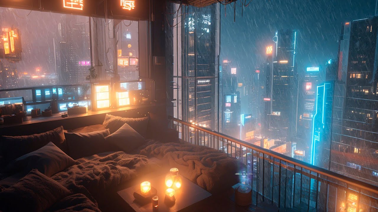 Cozy Cyberpunk Loft 🌌 Relaxing Rain & Neon Skyline for Stress Relief ...