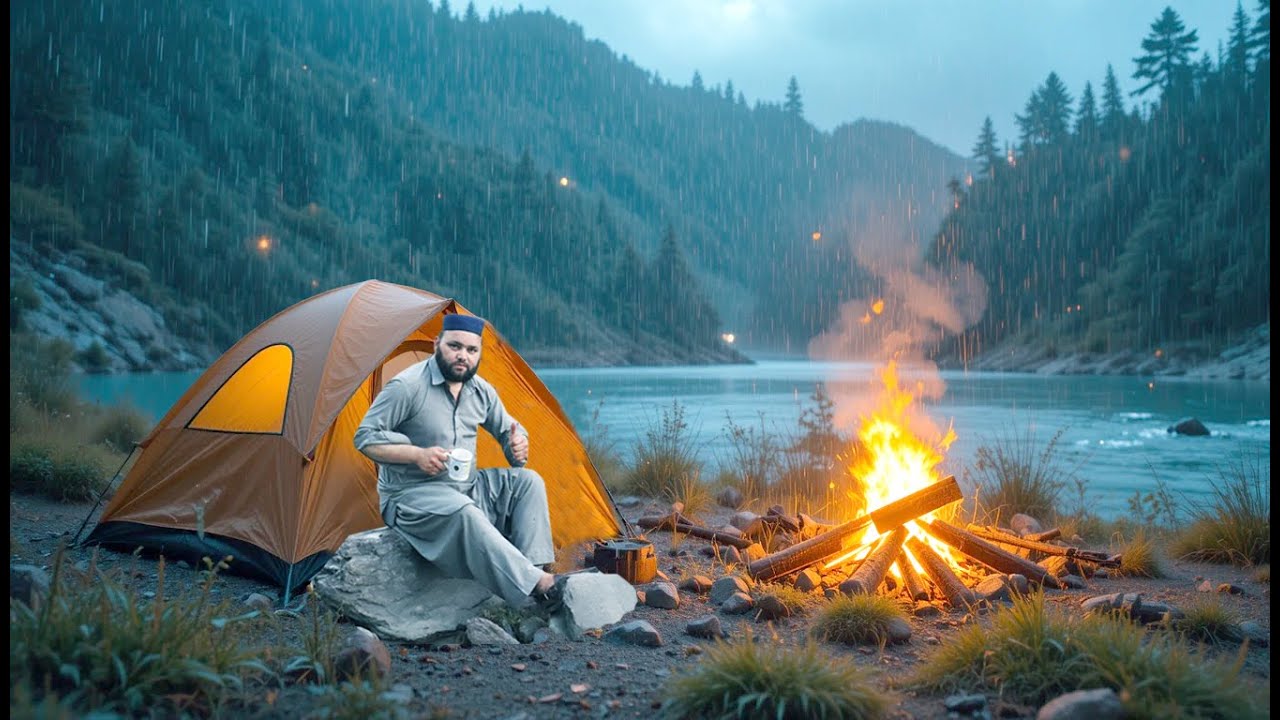 12 Hours Solo Camping in Thunderstorm ⛈ | Heavy Rain, Campfire Cooking ...