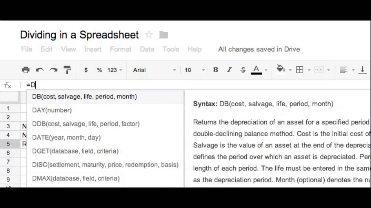 How to Divide Two Cells in Google Docs Spreadsheets - YouTube