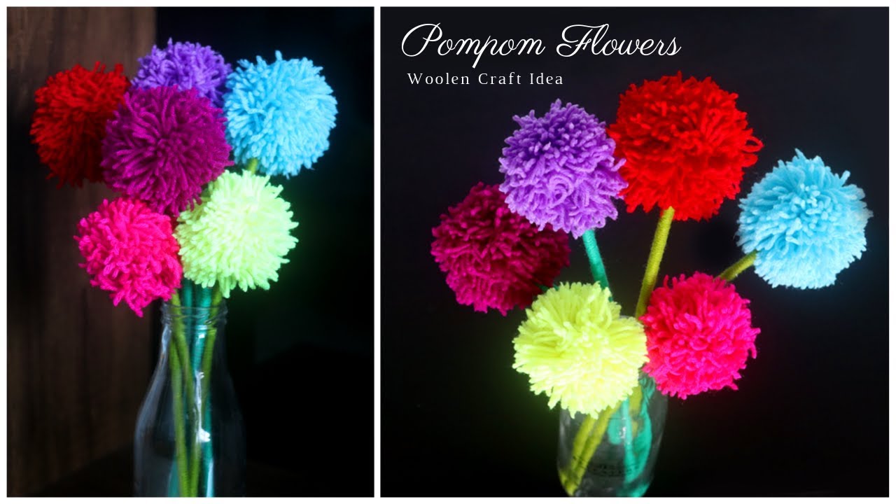 Woolen Craft Idea | Pompom Flowers | DIY Home Decor | Woolen Flowers ...