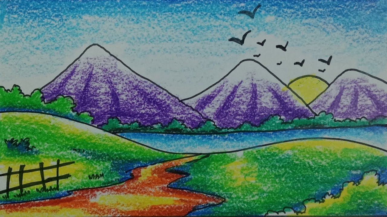 Scenery drawing | How to draw a beautiful landscape scenery | simple ...
