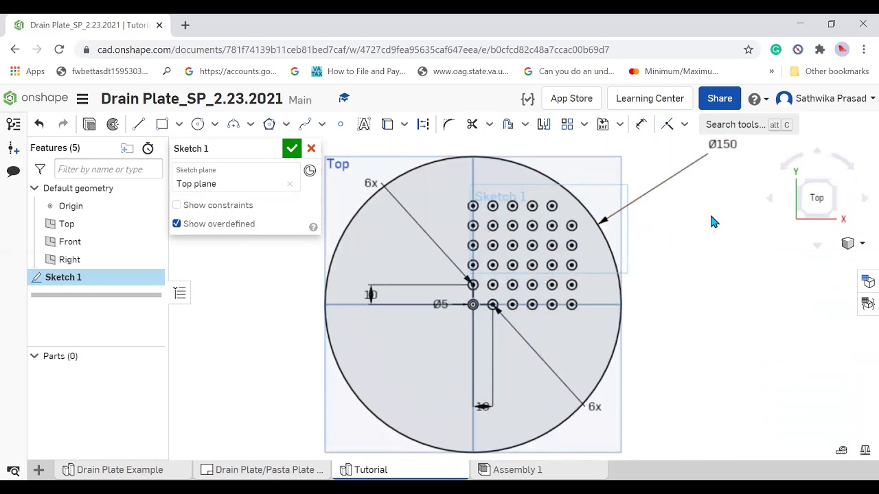 Onshape Tutorial: Drain Plate (Linear Pattern) - YouTube