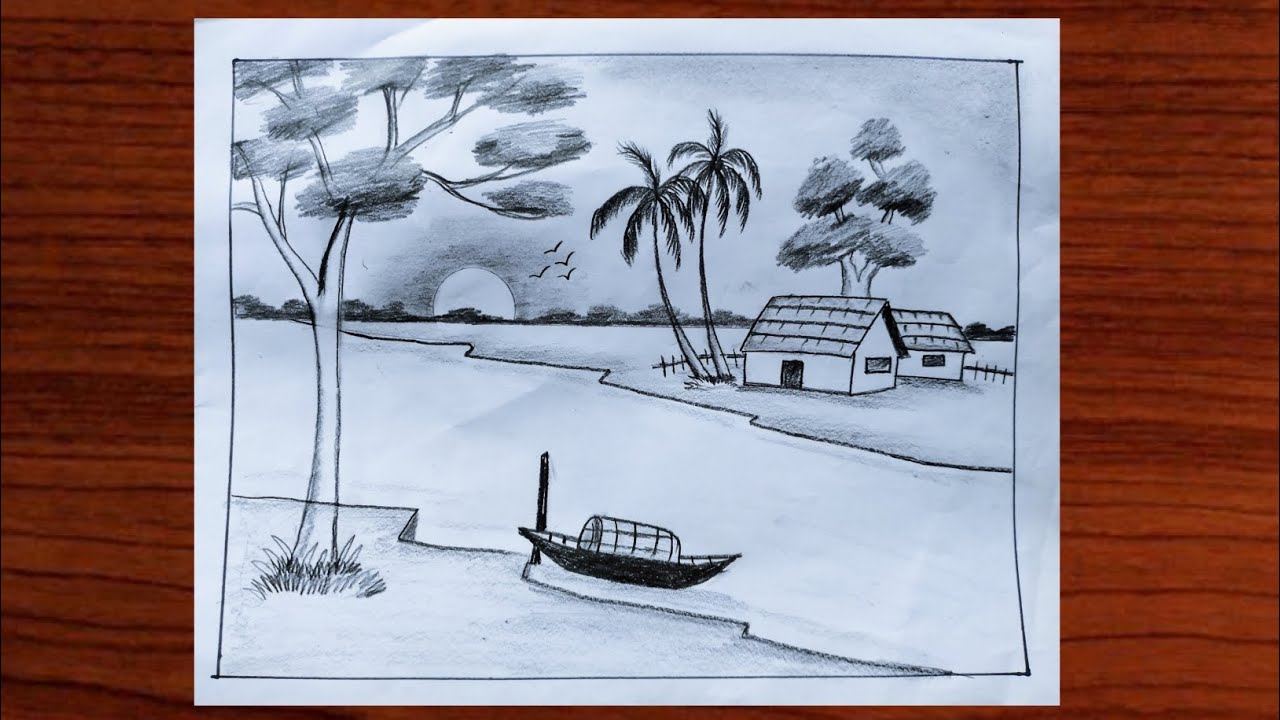 Draw River Bank landscape with sunset || Drawing for beginners || Easy ...