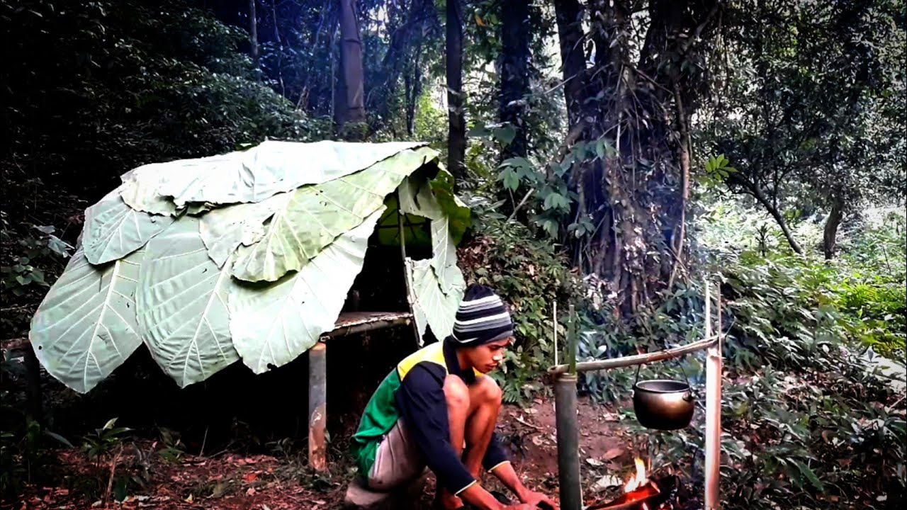 SOLO CAMPING || Membangun Shelter Tempat istirahat yang hangat dan ...