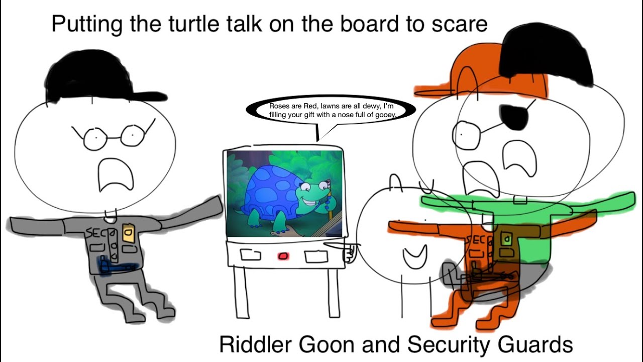 Junior puts the turtle talk on the board to scare Riddler Goon and ...