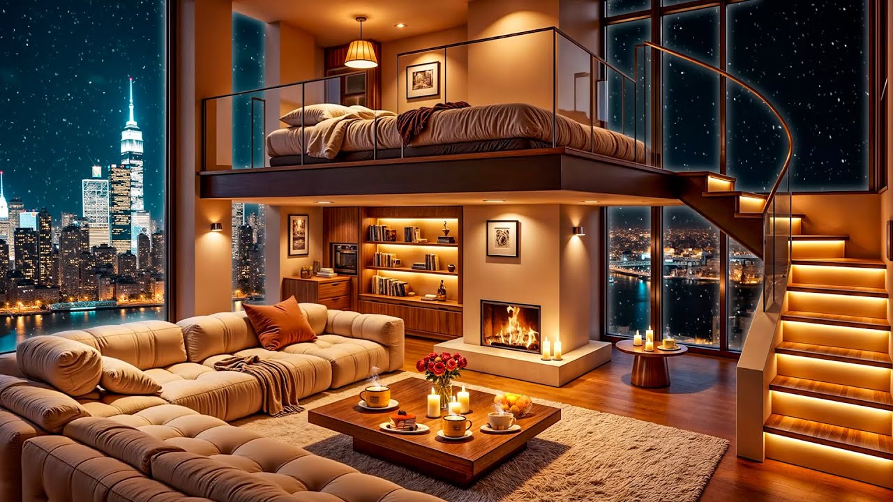 Cozy Apartment Ambience with Relaxing Jazz Saxophone Music & Fireplace ...