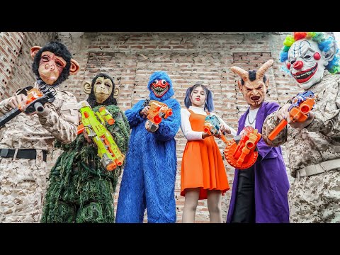Mask Nerf War: Alpha Girl Nerf Guns Fight Crime Hellboy Mask Hunter Monster Huggy Xicman's Evil Plan