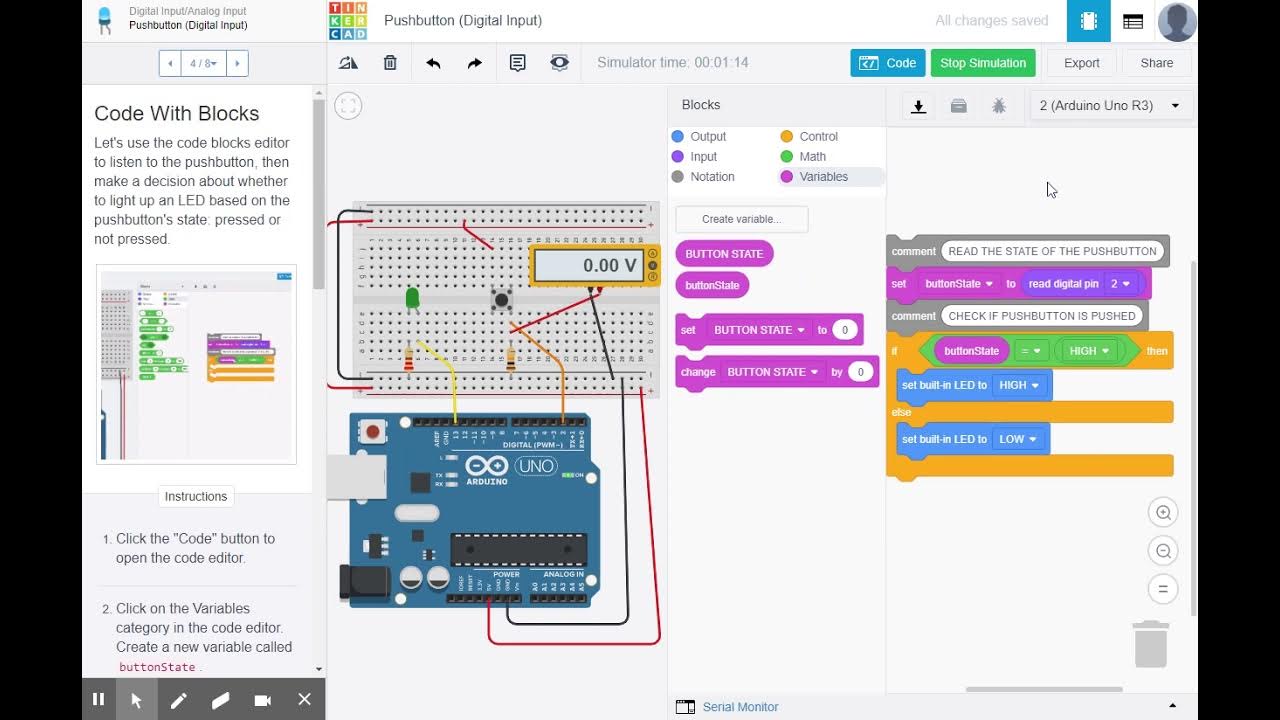 006 Tinkercad Arduino Circuit Design Pushbutton Digital Input Tinkercad Youtube