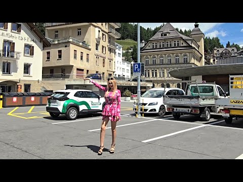4k Granate Travelling walking in public, #St.Moritz, #Switzerland, minidress, high heels