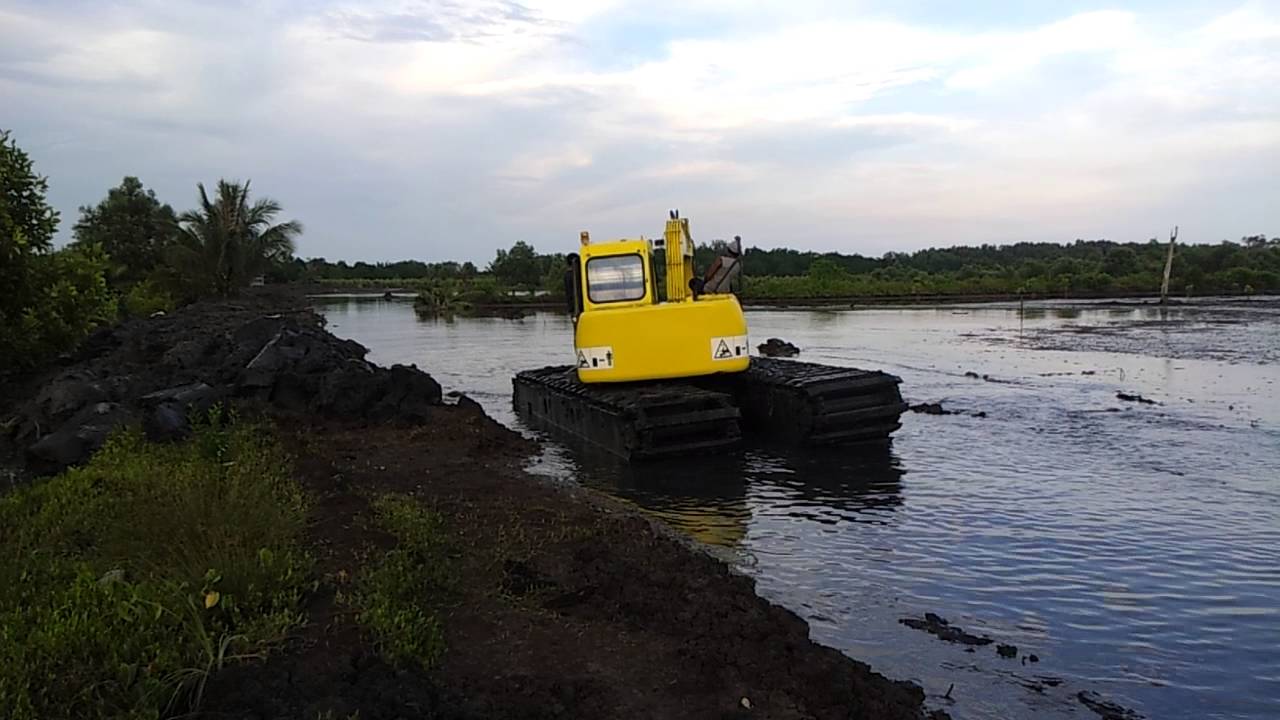 swamp excavator dredge mud in the pond (excavator lumpur kerja di ...