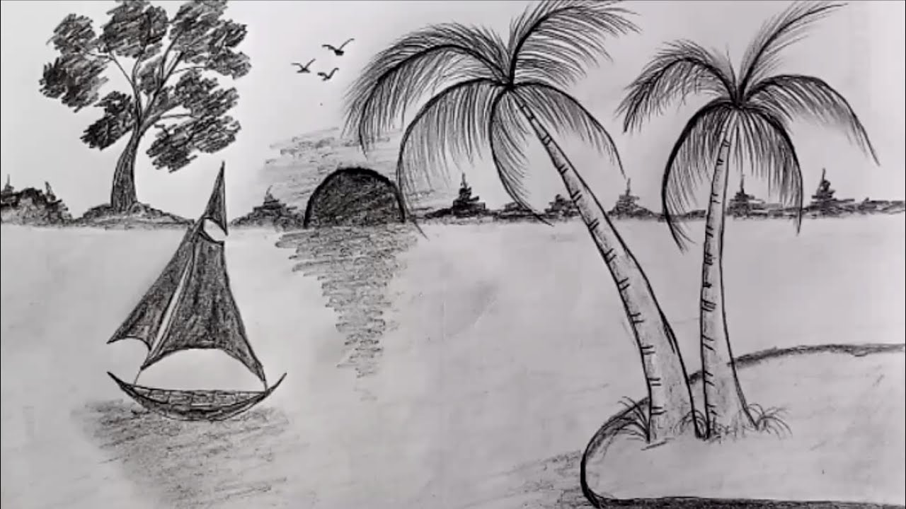 How to draw Coconut tree and River Scenery || Beautiful Senery drawing ...