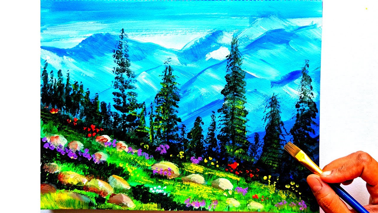 Mountains and meadow | Acrylic Landscape Painting for beginners - YouTube