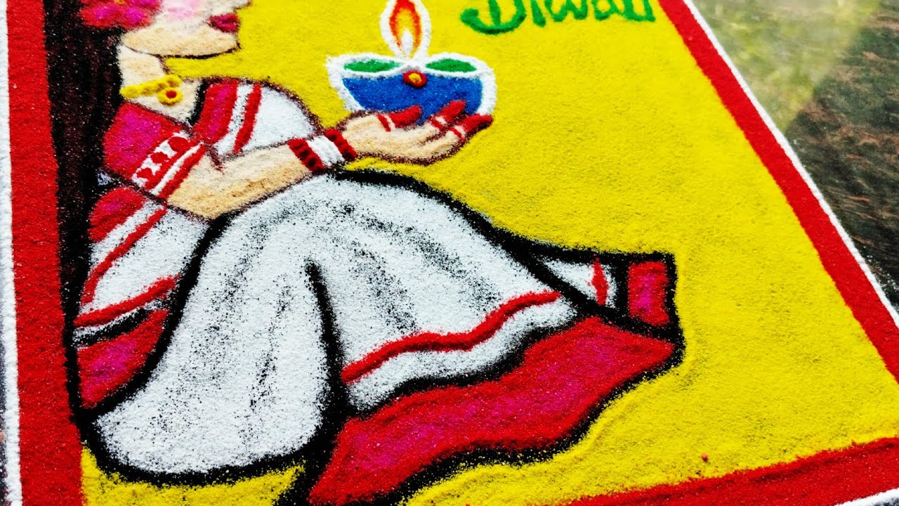 Beautiful Ladies with diya in hand Rangoli / women Rangoli for diwali ...