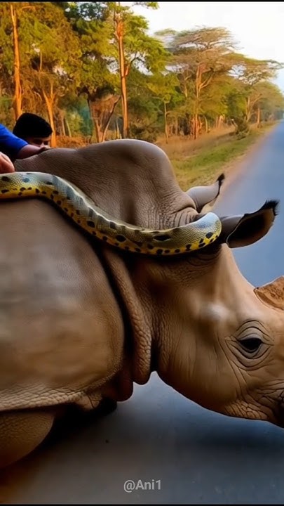 The rhinoceros, troubled by the grip of a big python, began to calm ...