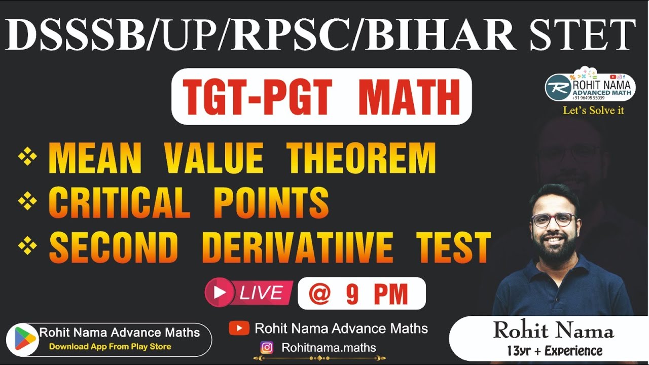 DSSSB / UP TGT-PGT /RPSC/ BIHAR STET 2024 MATH | MEAN VALUE THEOREM BY ...