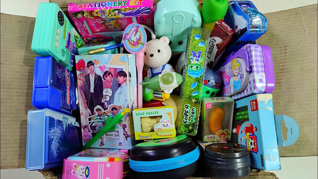 Amazing stationery collection from the box, stationary items, pencil ...