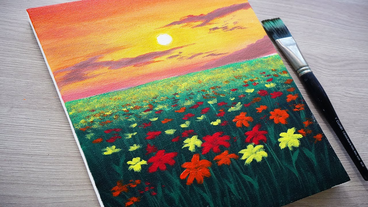 How to paint flower field sunset | Easy Acrylic Painting for Beginners ...