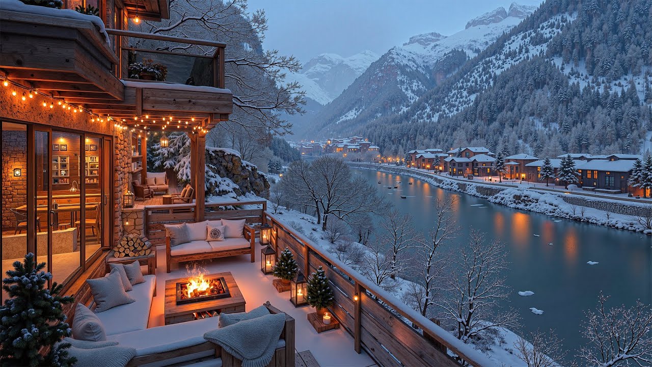 Cozy Winter Terrace Scene ️Warm Fireplace Glow ,Snowy Vibes & Smooth ...