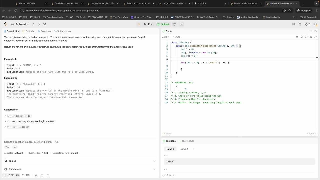 Leetcode 424 Longest Repeating Character Replacement - YouTube