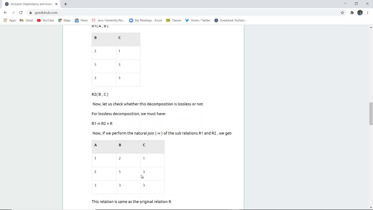 Inclusion Dependency And Lossless Join Decomposition In Dbms Youtube