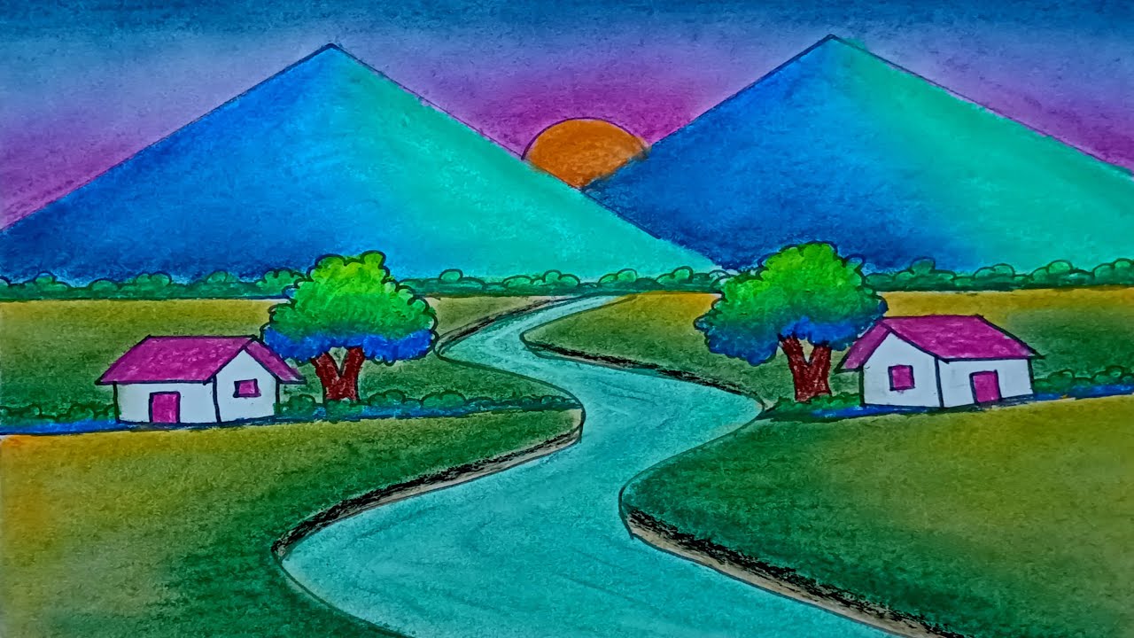 beautiful landscape scenery drawing easy for beginners / lake side ...