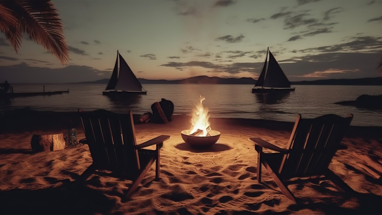 Summer Beach Sunset Ambience with Campfire & Relaxing Ocean Waves ...