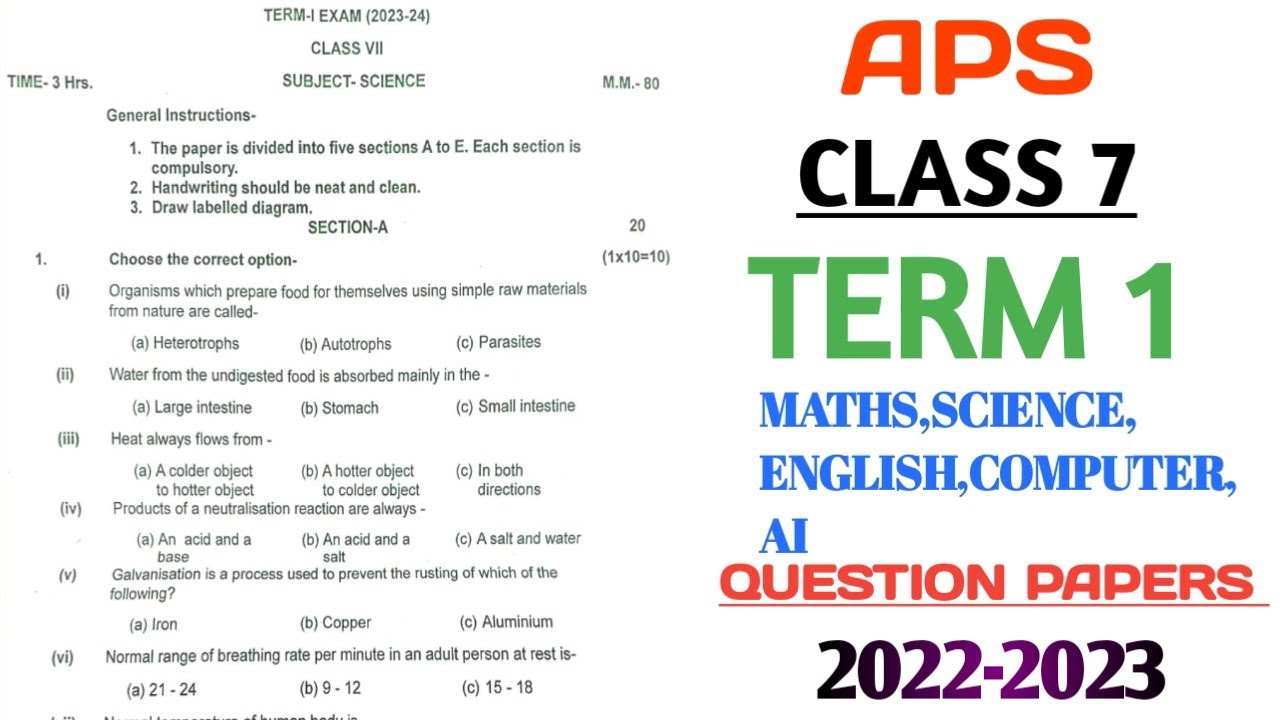APS class 7 TERM 1 EXAM PAPER OF MATHS,SCIENCE,ENGLISH,COMPUTER,AI 2023 ...