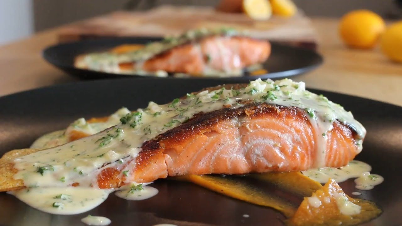 Perfect Pan Seared Crispy Skin Salmon with Lemon Butter Cream Sauce and ...