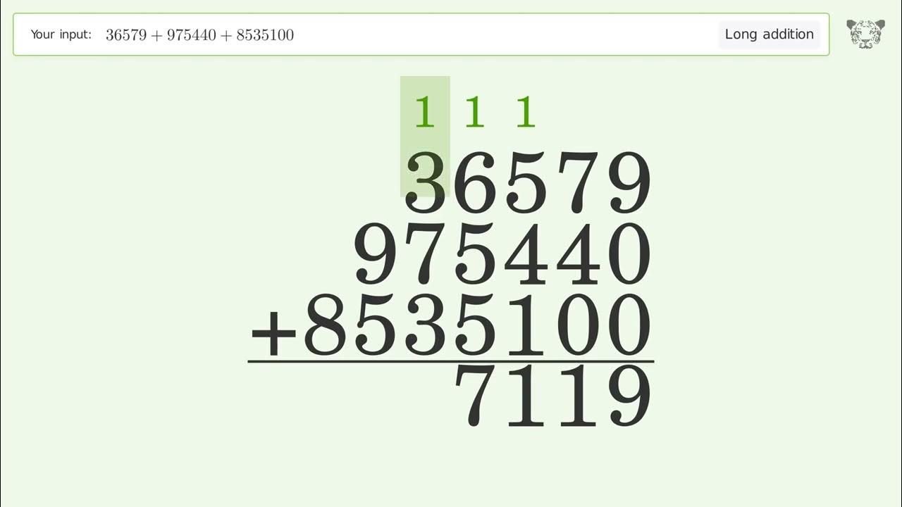 Long Addition Problem 36579+975440+8535100: Step-by-Step Video Solution | Tiger Algebra - YouTube