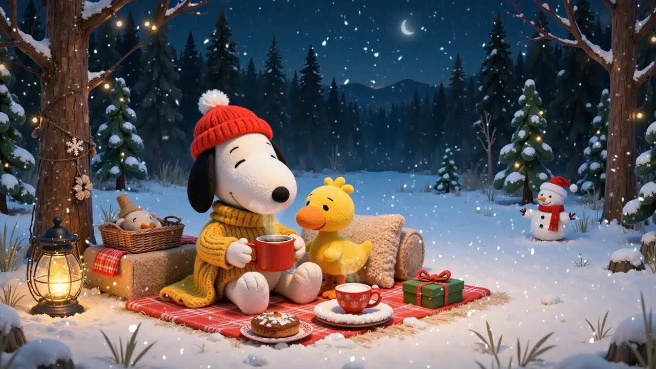 ️ Snoopy Cozy Snowy Night Picnic in the Forest ☕ Warm Lo-fi Beats ...