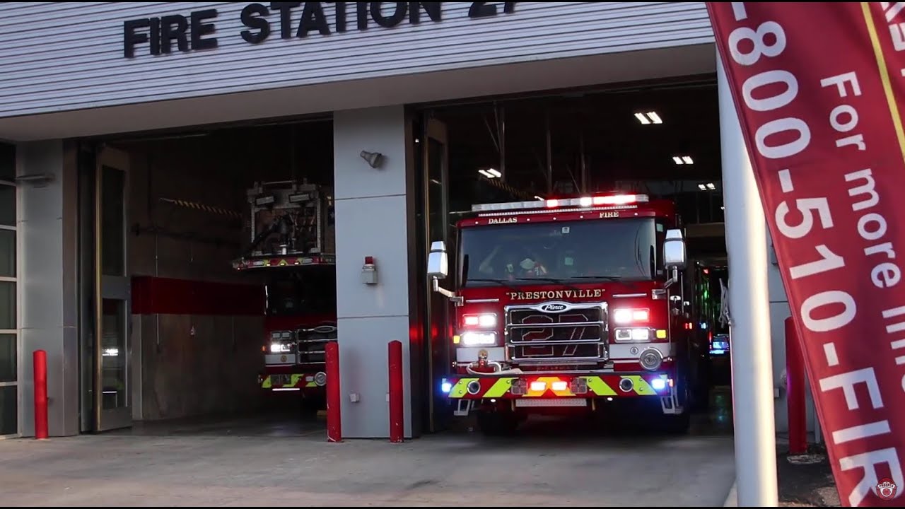 (Q Siren) Dallas Fire Rescue Engine 27 and Truck 27 responding to a MVA ...
