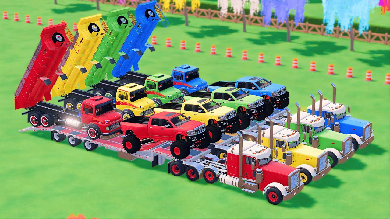 TRANSPORTING DODGE RAM, PETERBILT, DUMP TRUCK, COLORFUL CARS WITH TRUCK ...