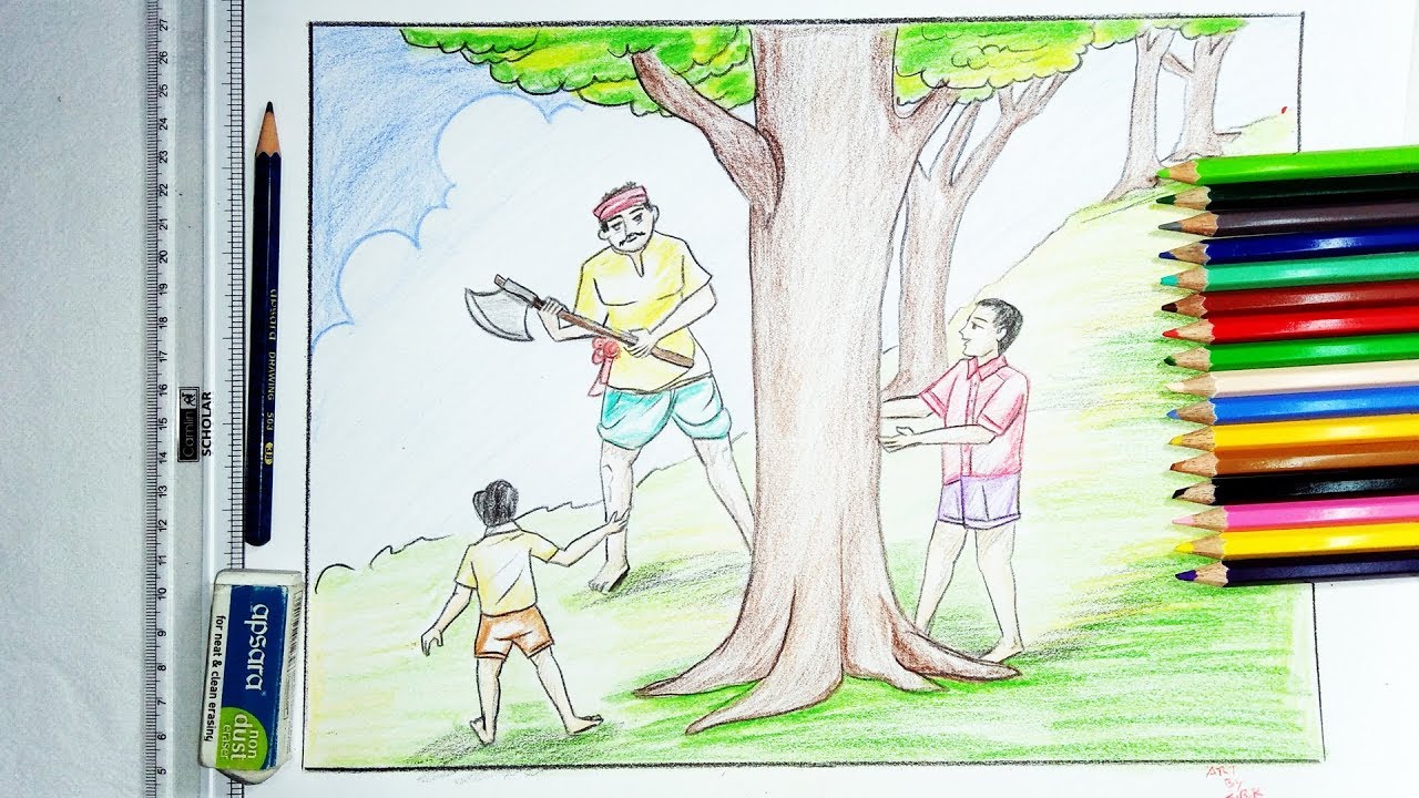 How To Draw Save Tress Step By Step For Kids - YouTube