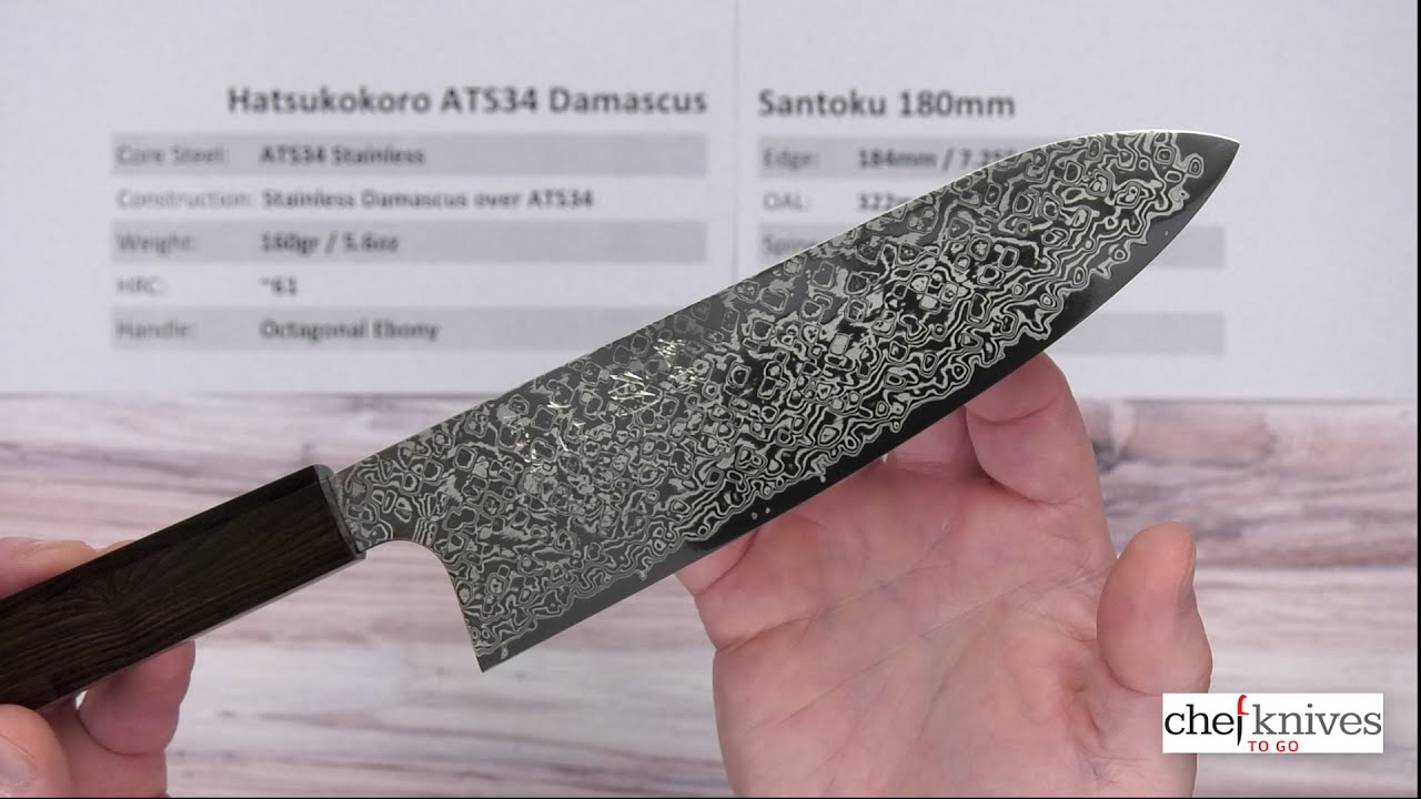 Hatsukokoro ATS34 Damascus Santoku 180mm Quick Look - YouTube